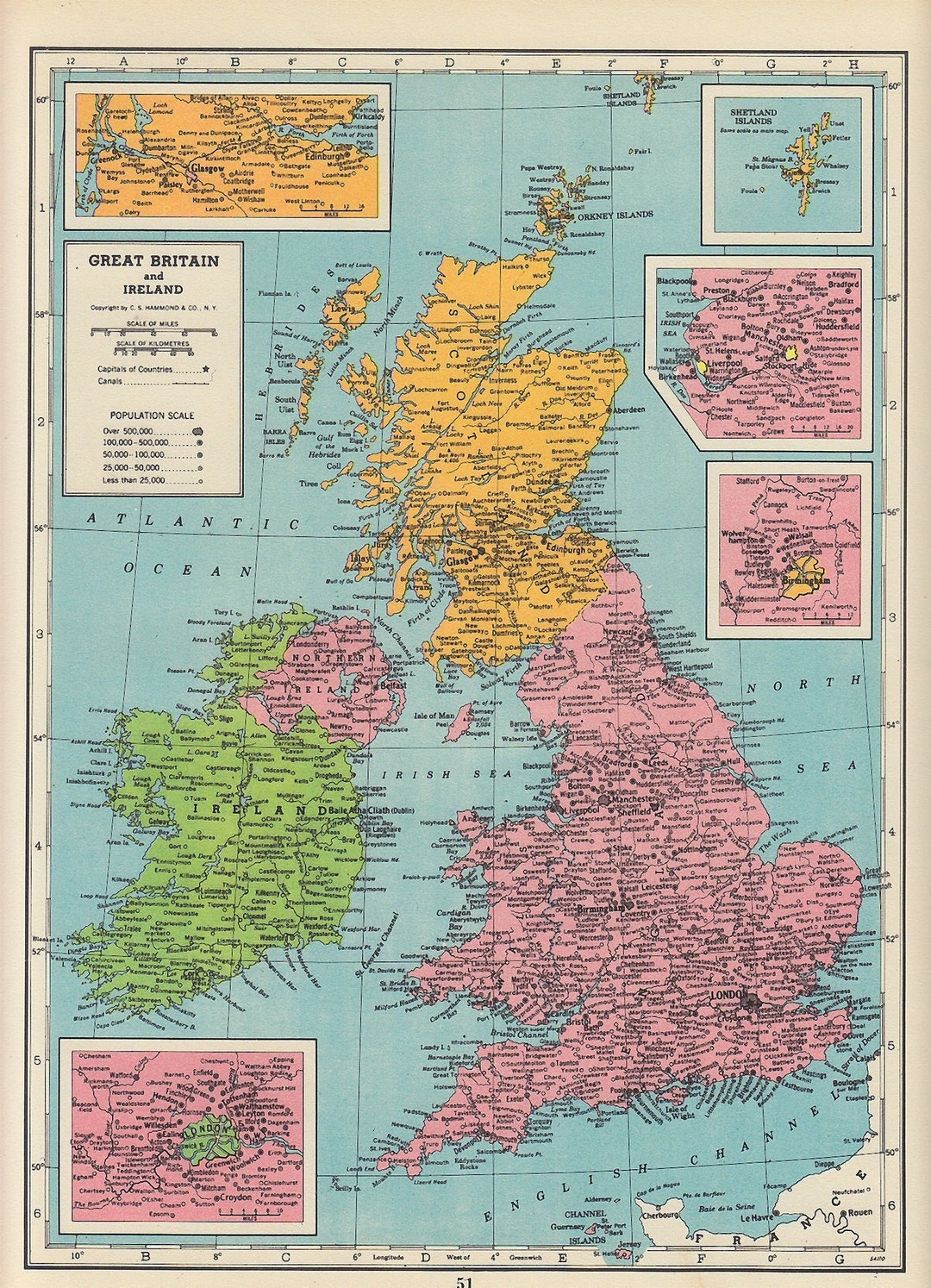 1950s Vintage Map of Great Britain & Ireland, United Kingdom England ...