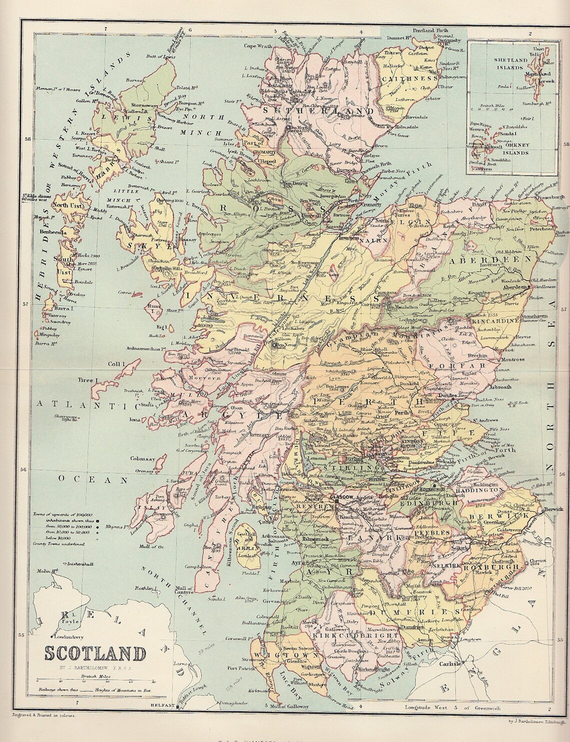 1880 Antique Map of Scotland, Chromolithograph Atlas Map, Antique ...