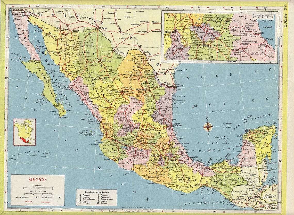 Large Mexico Map, Yellow Mexican Map From Vintage 1950s Atlas - Etsy