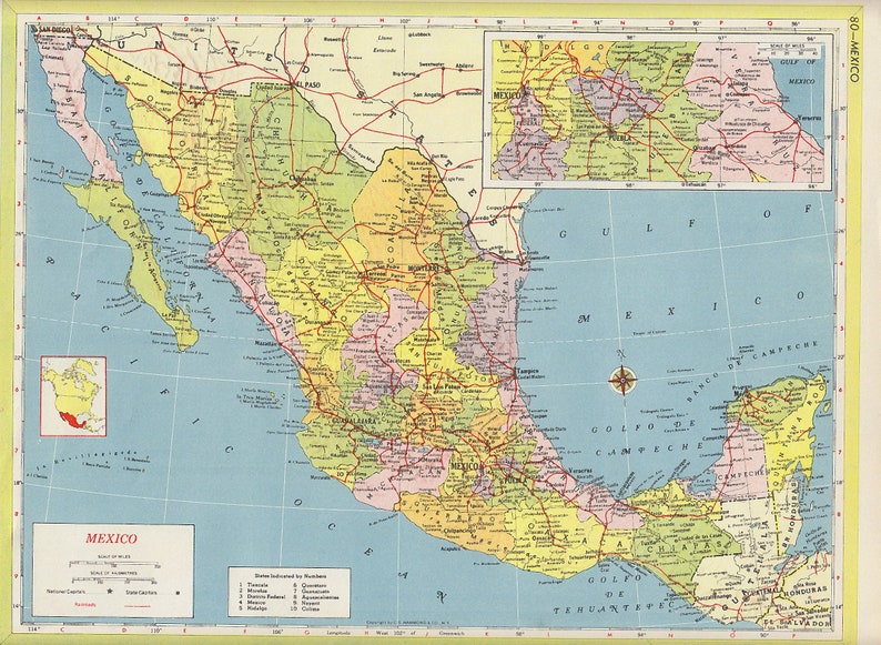 Large Mexico Map, Yellow Mexican Map From Vintage 1950s Atlas - Etsy