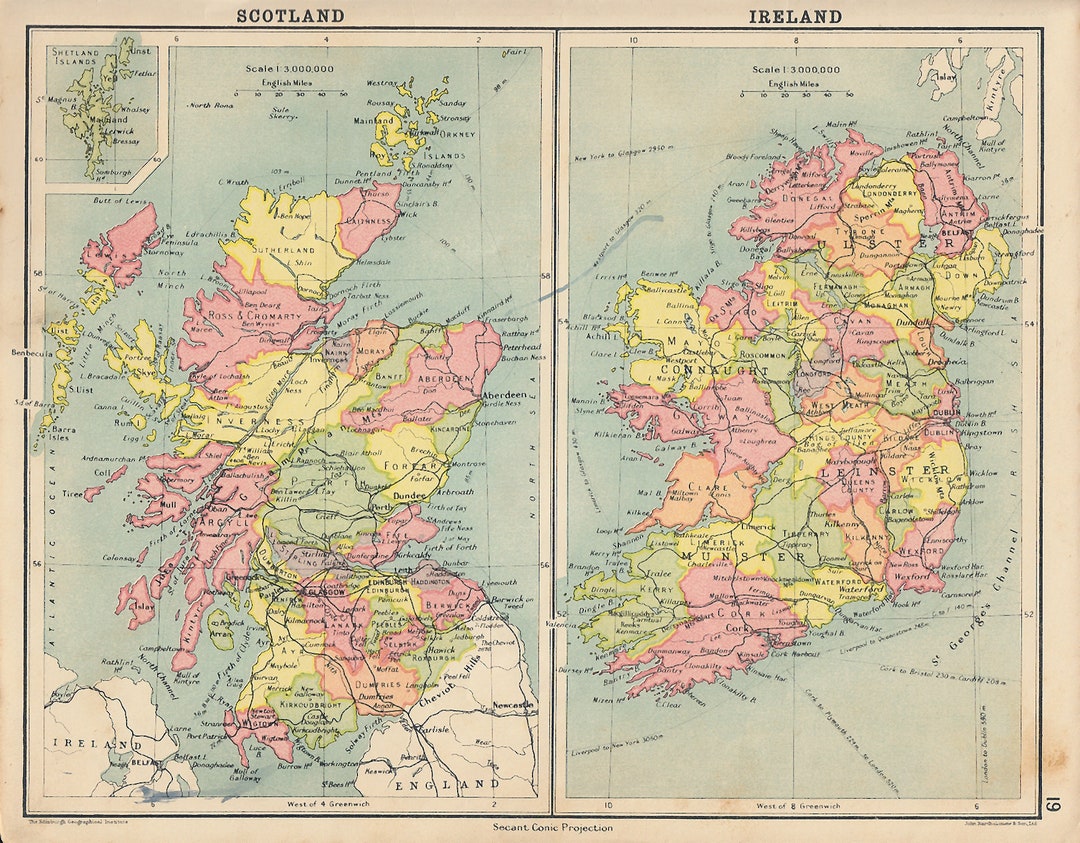 Rare Antique SCOTLAND IRELAND Map, 1922 Scottish and Irish Map of ...