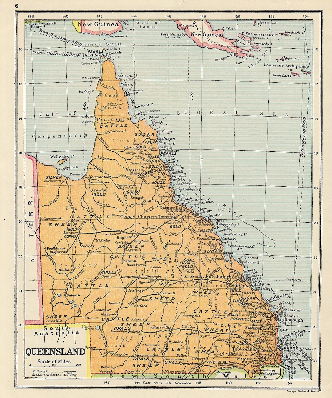 1940s Map of Queensland in Blue and Orange, Vintage Atlas Map of QLD ...