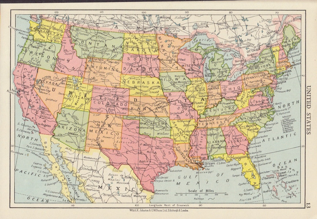 US USA Map, Colorful Vintage United States Map, 1950 US School Atlas ...