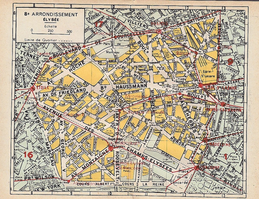 PARIS Street Map of 8th Arrondissement Elysee, Avenue Des Champs ...