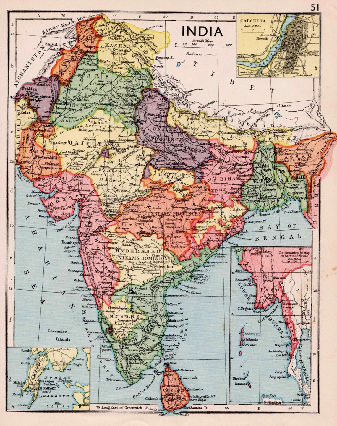 1930s India Map With Calcutta Ceylon and Lower Burma Antique - Etsy