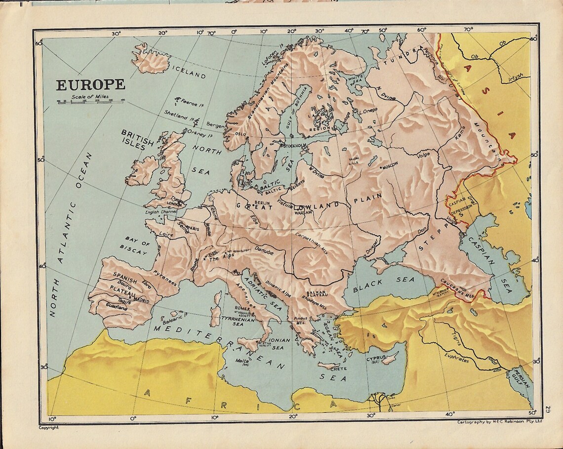 1940s Europe Vintage Map Physical Map Colourful Map of - Etsy