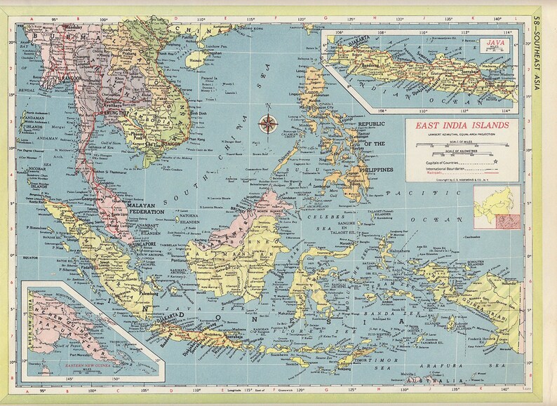 1950s East India Islands Vintage Map With Indonesia Sarawak the ...