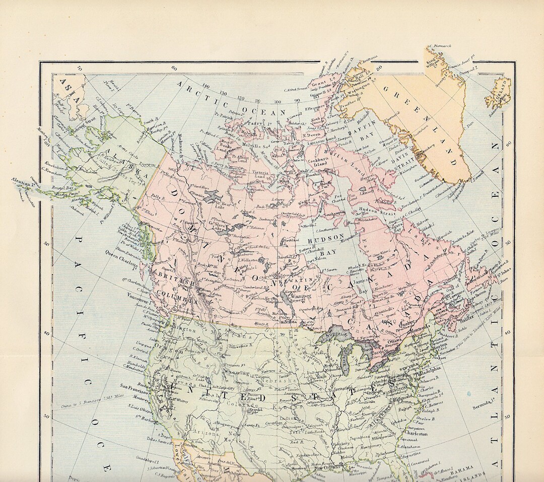 1880s Map of North America With United States Canada Alaska Mexico, 140 ...
