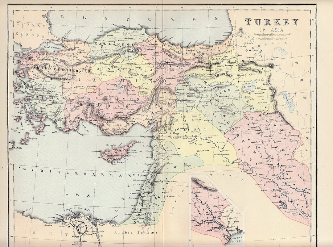 1880 Turkey in Asia Antique Map, Chromolithograph Atlas Map, Antique ...