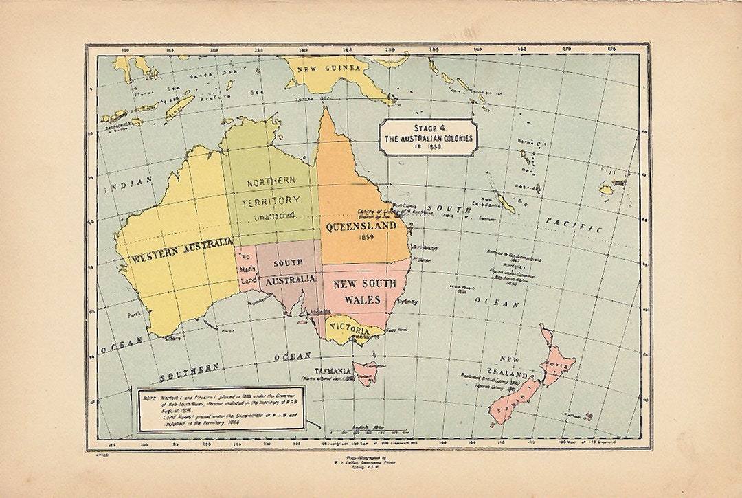 1898 Map of Australia, 125 Years Old Map of Australian Colonies in 1859 ...