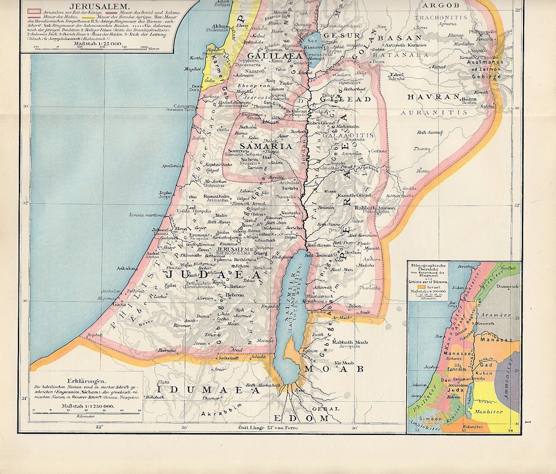 Historical Map of Palestine With Jerusalem Insert, Antique German ...