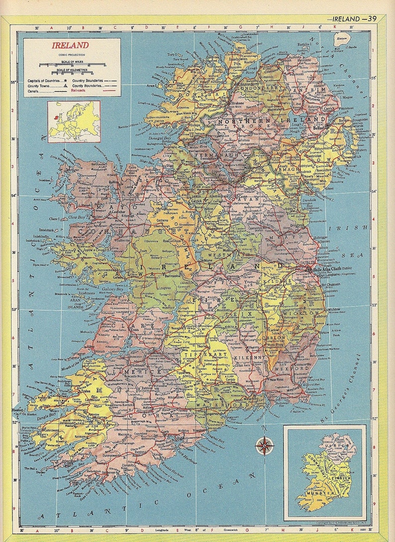 Large Ireland Map 1950s Vintage Irish Map With Counties - Etsy Canada
