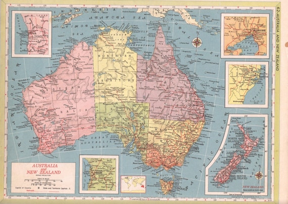 AUSTRALIA Map With New Zealand and Capital Cities 1950s | Etsy