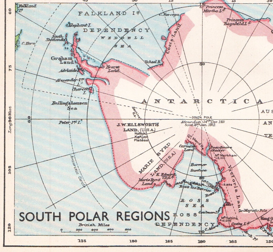 Polar Regions Antique Map, Antarctica Arctic Ocean 1930s Vintagemap ...