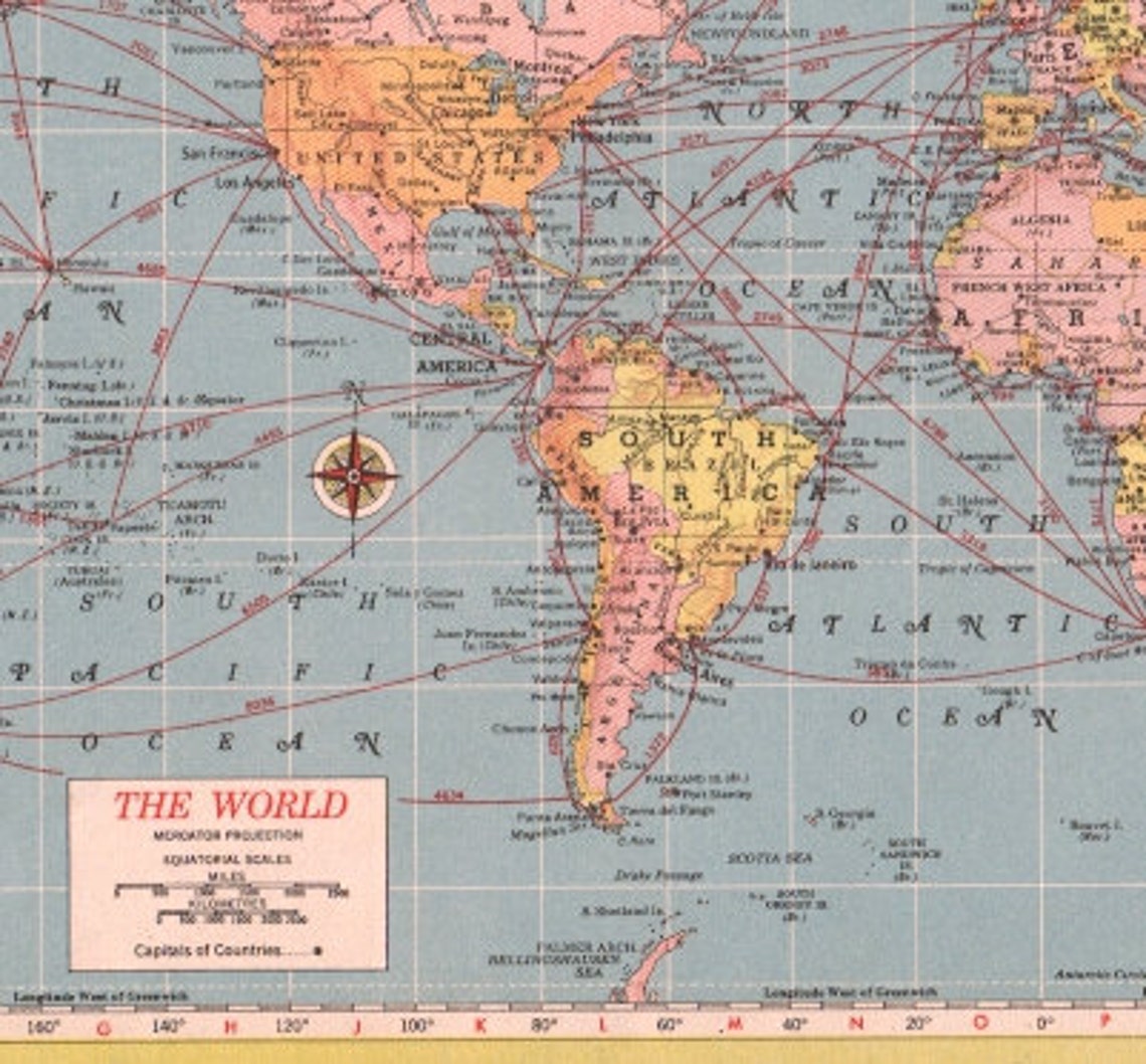 1950s World Map Vintage World Travel Map Travel Decor | Etsy