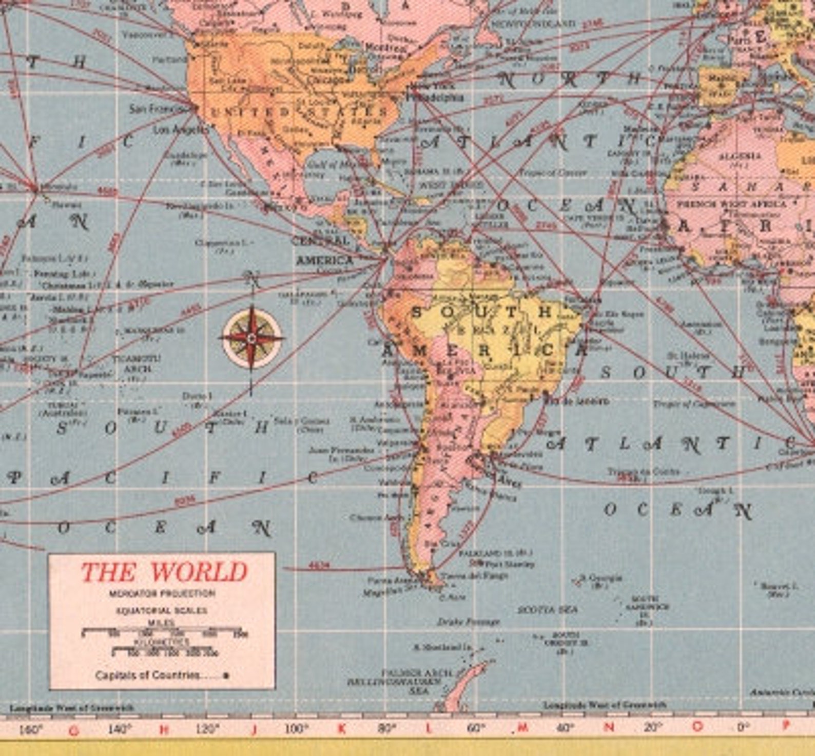 1950s World Map Vintage World Travel Map Travel Decor | Etsy