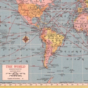 1950s World Map Vintage World Travel Map Travel Decor | Etsy
