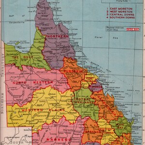 QUEENSLAND Map, Large Colourful 1940s Vintage Map of QLD Brisbane ...