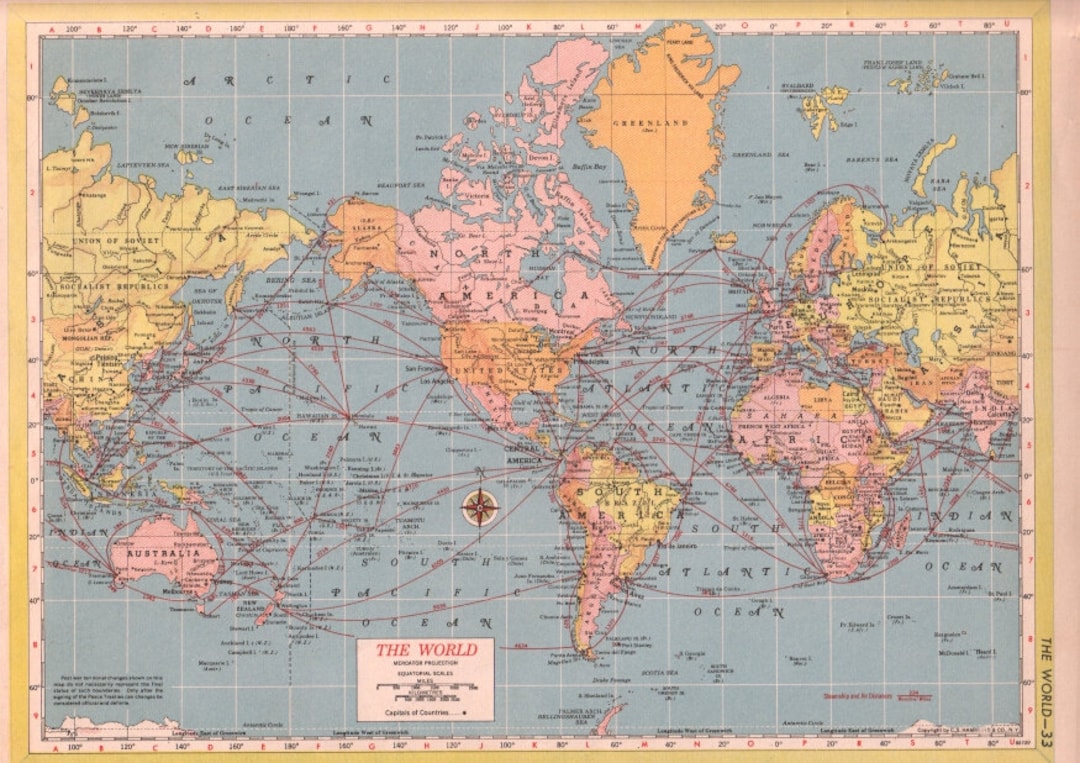 1950s World Map, Vintage World Map, Travel Decor for Hosted Home - Etsy
