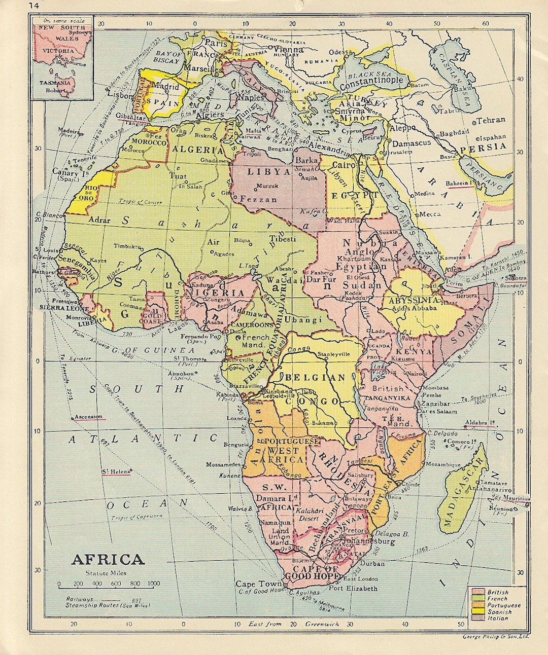 Antique Map of Africa Circa 1910, African Map Pastel Colours Colors ...