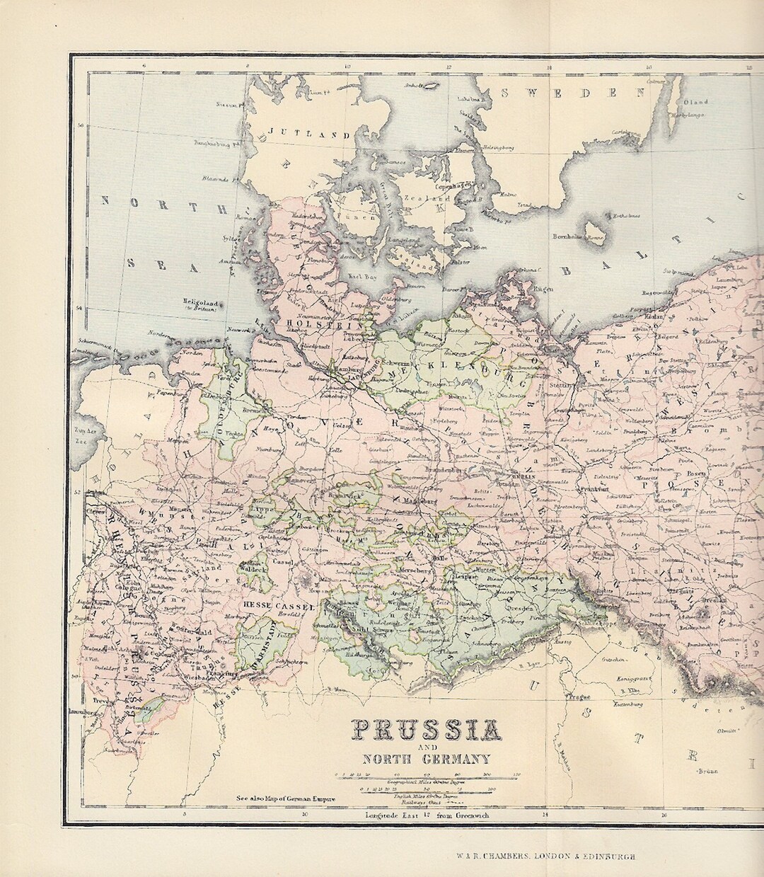 1880s Map of Prussia and Northern Germany, 140 Years Old Antique Map of ...