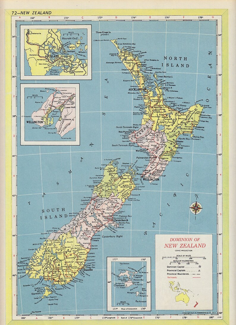Vintage Map of New Zealand Maplarge NZ Map With Auckland - Etsy