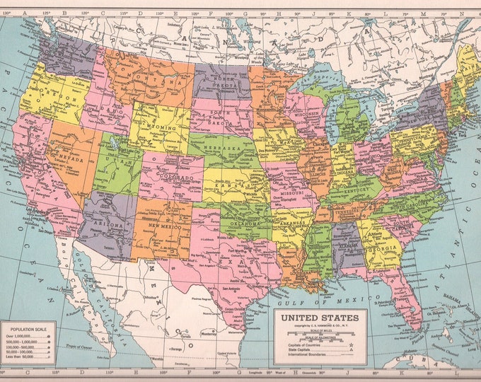 Colorful US Map USA Map United States Vintage Map Circa 1945 - Etsy