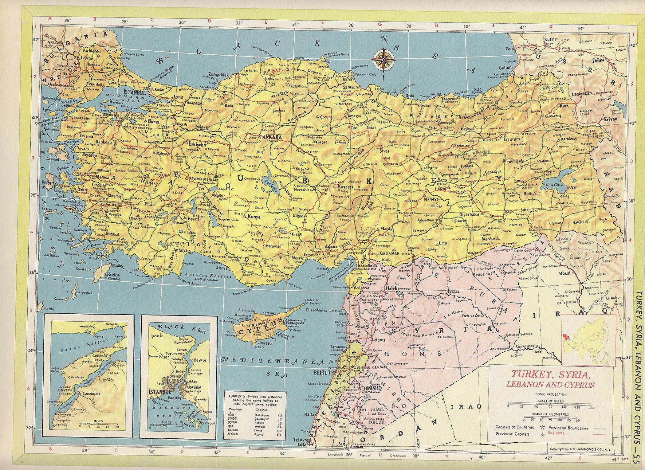 Vintage Turkey Map With Syria Lebanon and Cypress, Large Yellow 1950s ...