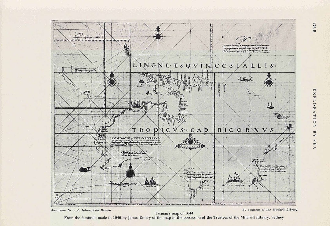 Early Map of Australia by Tasman in 1644, 1960s Vintage Map Print ...