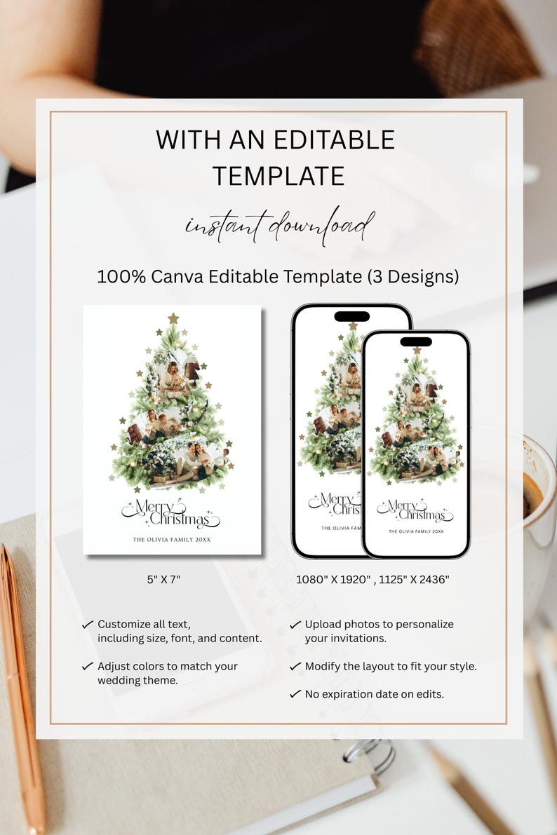 Merry Christmas Card, Editable Happy Holiday Card, Minimalist Christmas ...