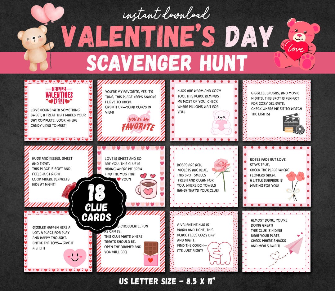 Valentine’s Day Scavenger Hunt for Kids Printable | Treasure Hunt Clues ...