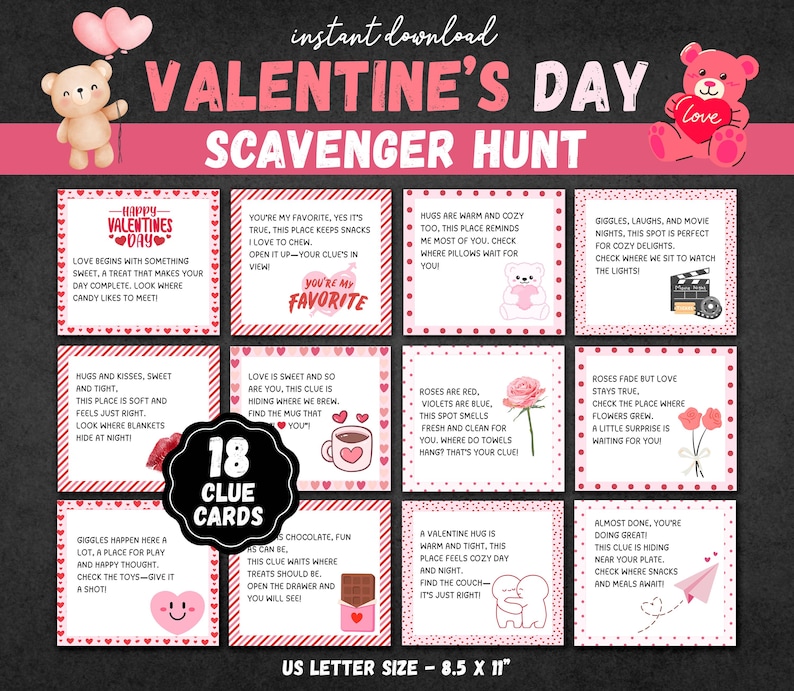 Valentine’s Day Scavenger Hunt for Kids Printable | Treasure Hunt Clues ...