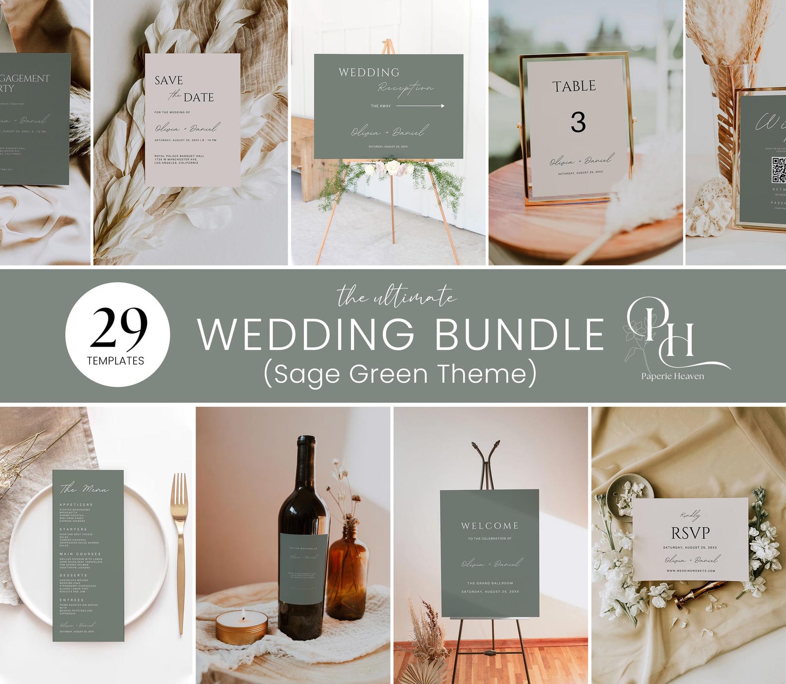 Boho Sage Green Wedding Bundle Template, Boho Greenery Wedding ...
