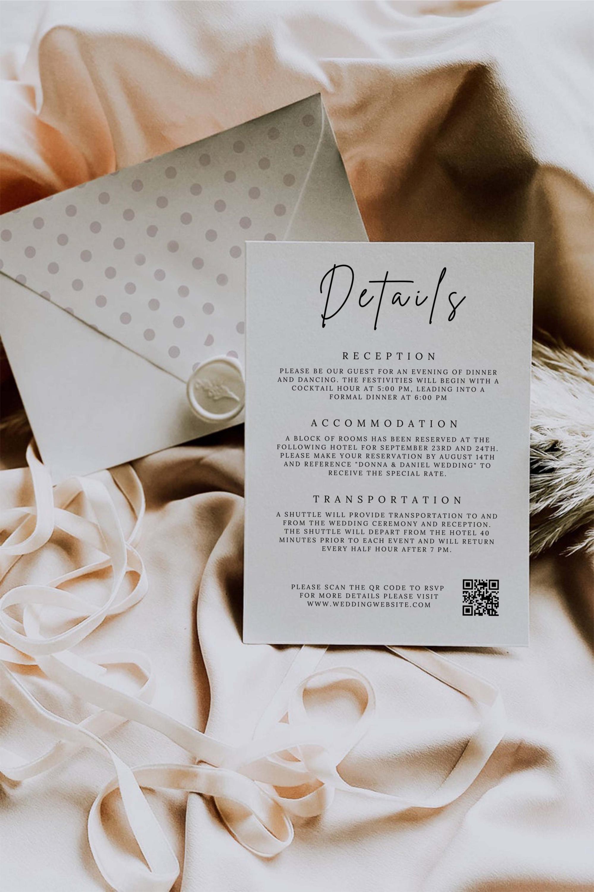 Wedding Invite Details Card Template, Modern Details Insert, Script ...