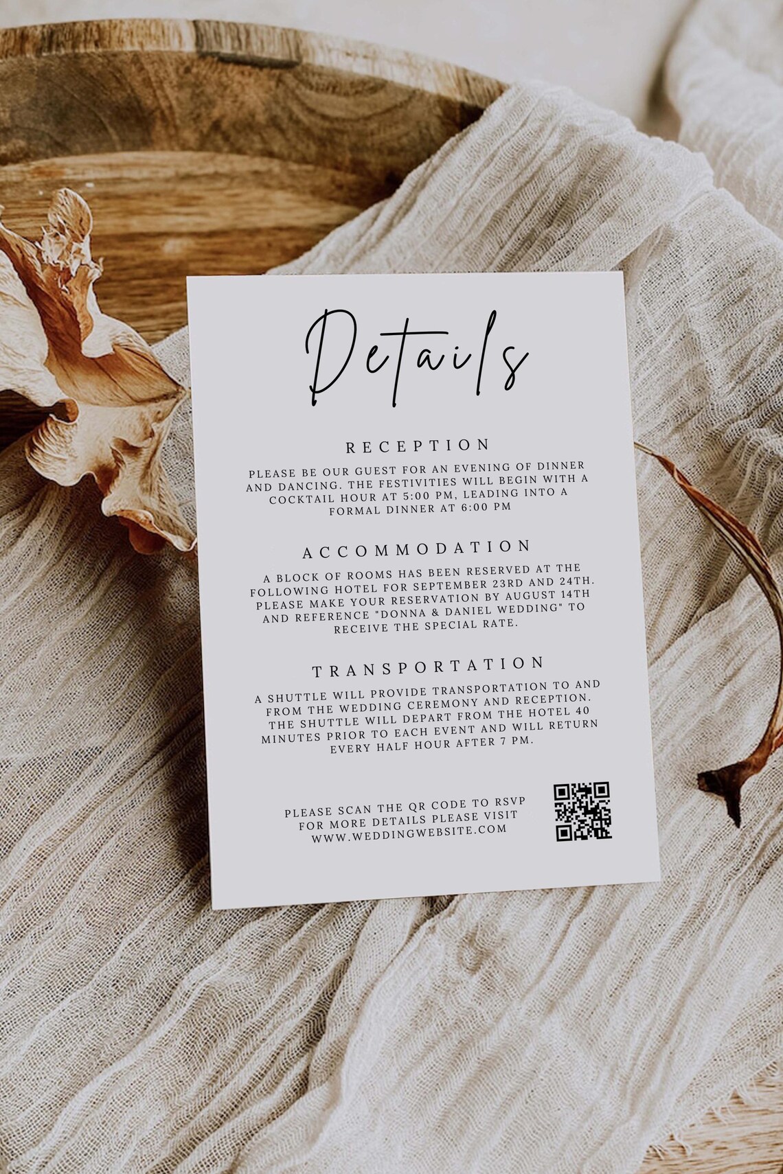 Wedding Invite Details Card Template, Modern Details Insert, Script ...