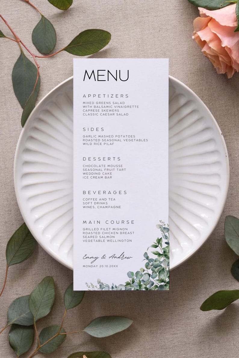 Green Wedding Menu Template, Printable Editable Dinner Card, Modern ...
