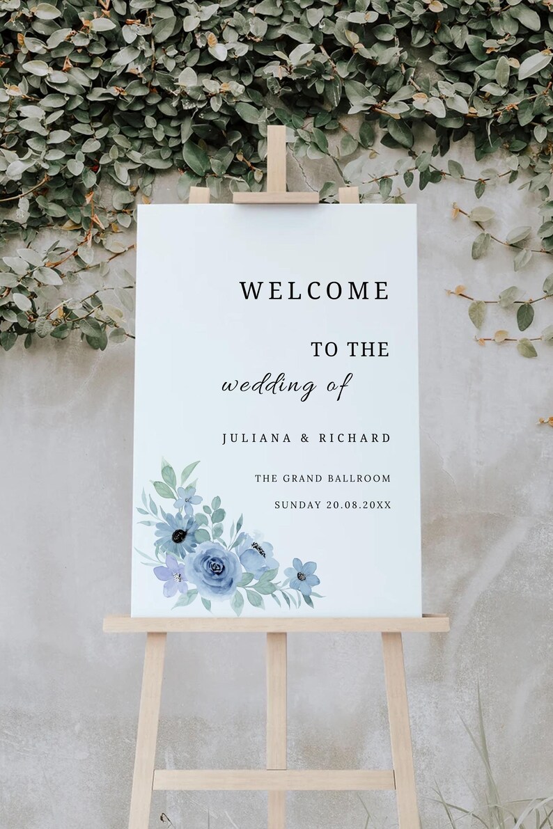 Dusty Blue Floral Wedding Welcome Sign Template, Blue Floral Wedding ...