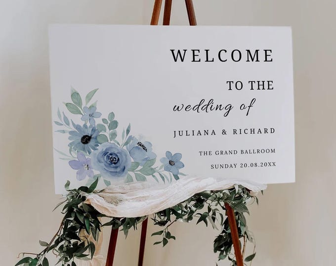 Printed or Digital Light Blue Floral Wedding Welcome Sign, W1411-1 ...