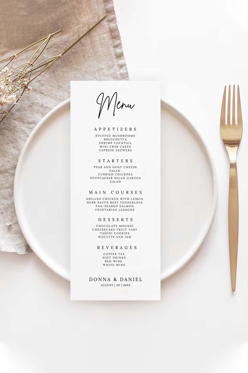 Modern Wedding Menu Template, Minimalist Dinner Menu, Simple Wedding ...
