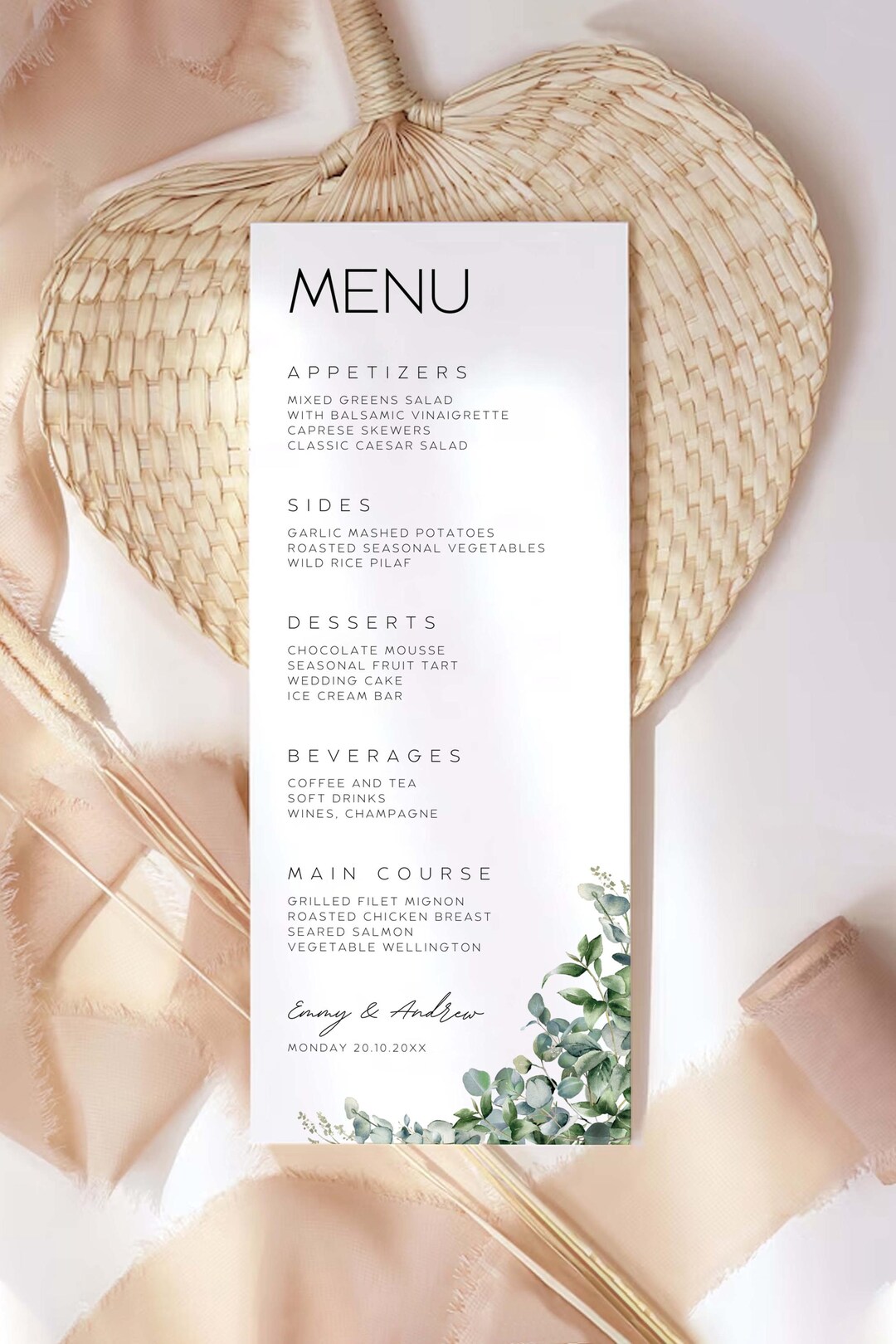 Green Wedding Menu Template, Printable Editable Dinner Card, Modern ...
