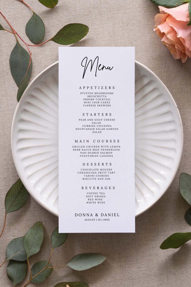 Modern Wedding Menu Template, Minimalist Dinner Menu, Simple Wedding ...