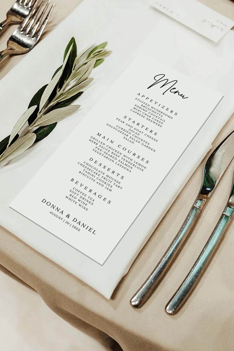 Modern Wedding Menu Template, Minimalist Dinner Menu, Simple Wedding ...