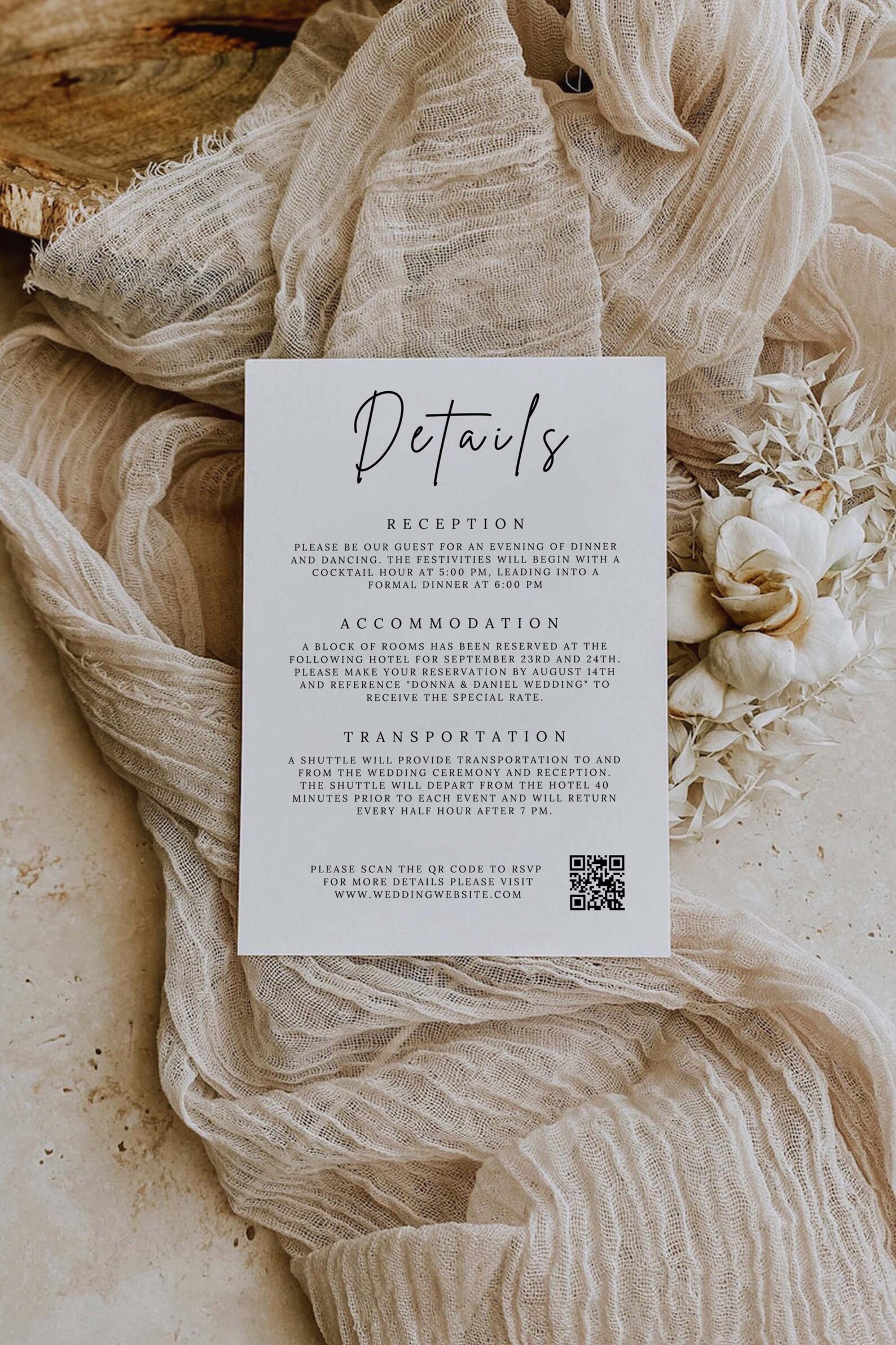 Wedding Invite Details Card Template, Modern Details Insert, Script ...