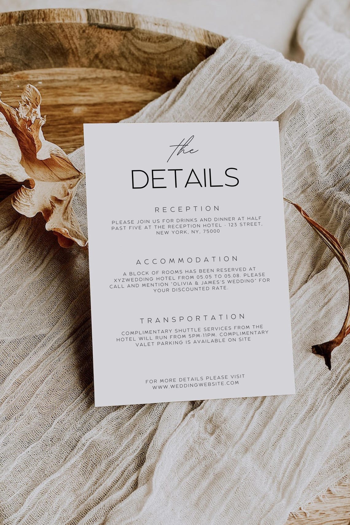 Wedding Invite Details Card Template, Modern Details Insert, Script ...