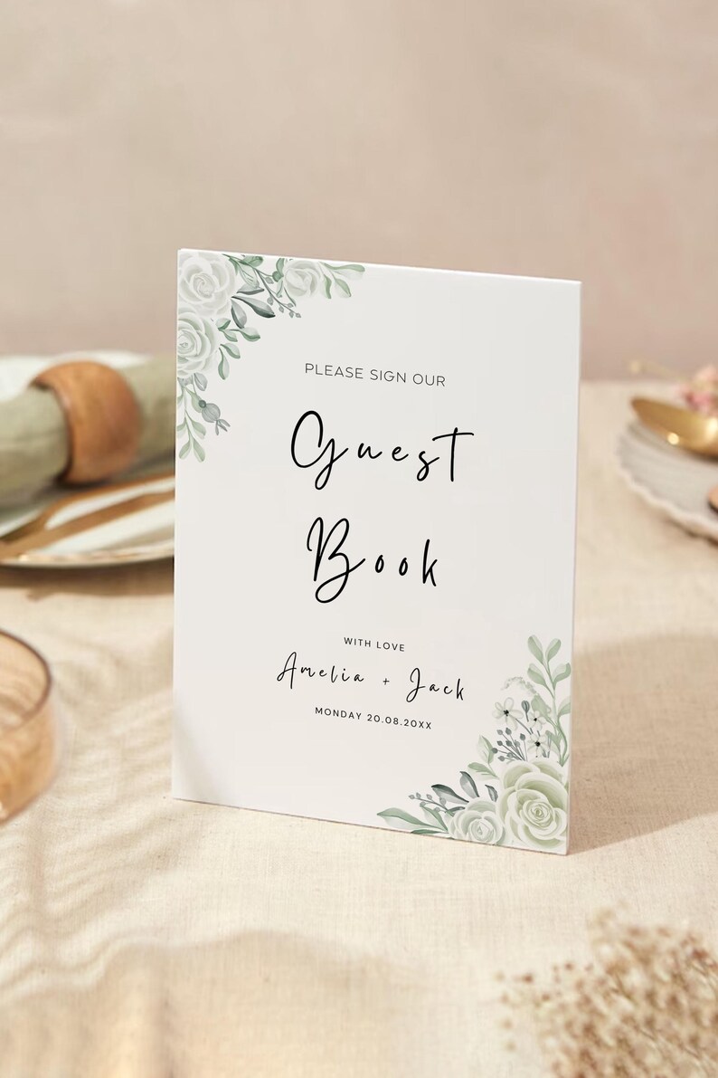 Editable Wedding Guest Book Sign Template, Greenery Guestbook Sign ...
