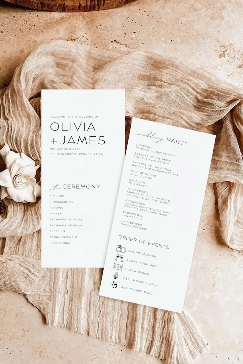 Minimal Wedding Program Template Foldable Wedding Ceremony Program Elegant Order of Service ...