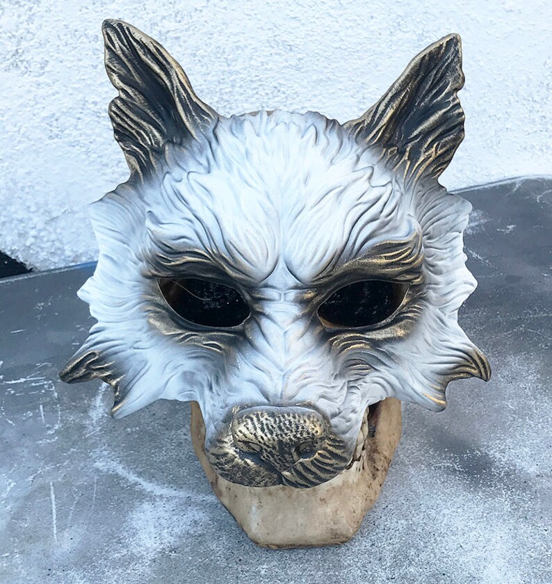 STEAMPUNK WOLF MASK Rugged Distressed Black White Gold | Etsy