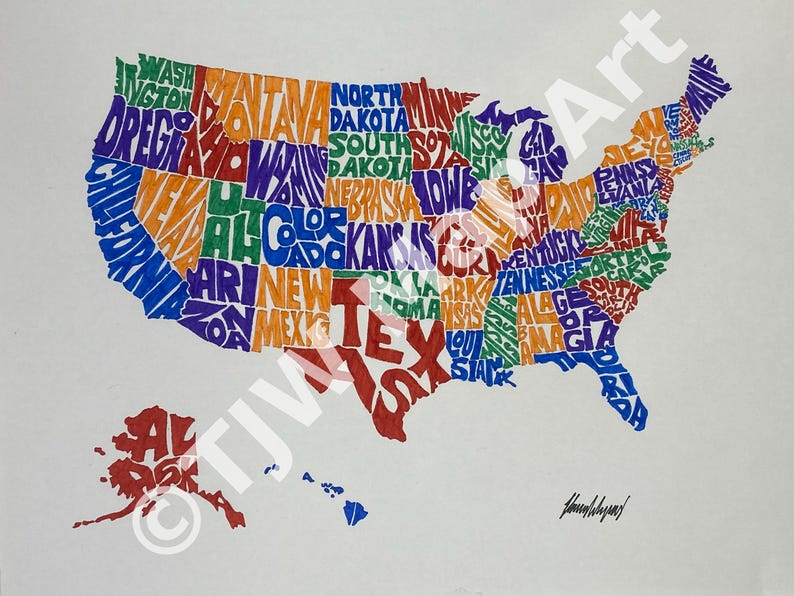 Colorful Hand Drawn United States Map With State Names in Their Shapes ...