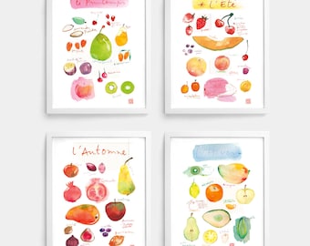 Set of 4 Fruit Prints Seasonal Food Poster Watercolor | Etsy