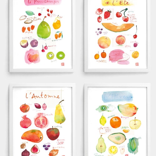 Set of 4 Watercolor Fruit Prints Seasonal Fruit Posters - Etsy